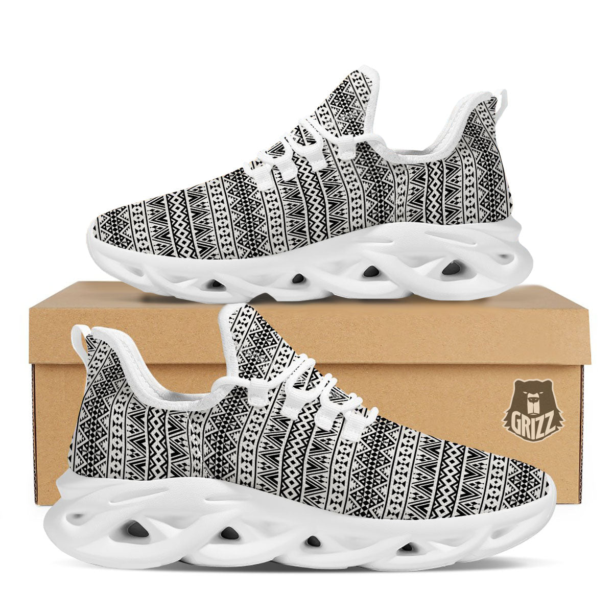 Aztec Texture White And Black Print Pattern White Running Shoes
