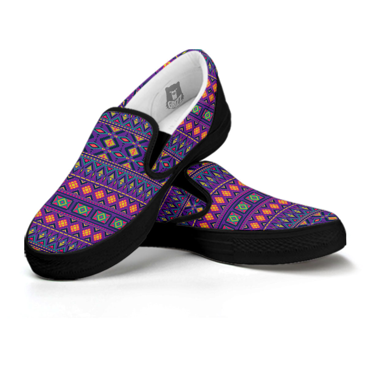Aztec Trippy Neon Ethnic Print Black Slip On Shoes