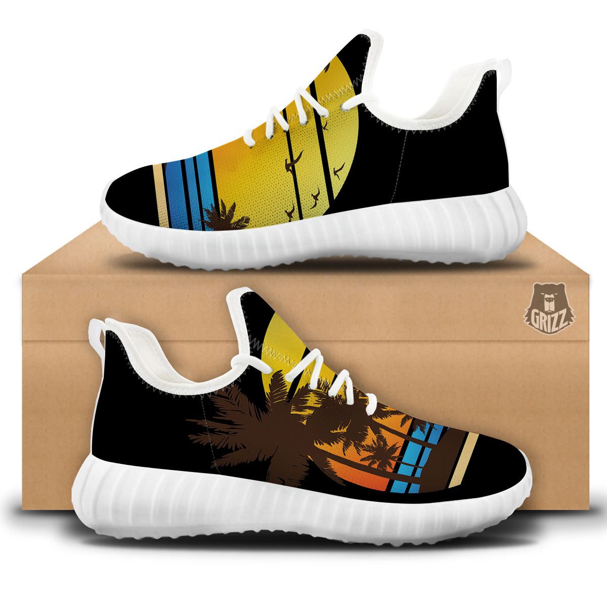 Beach Sunset Palm Tree Print White Walking Shoes