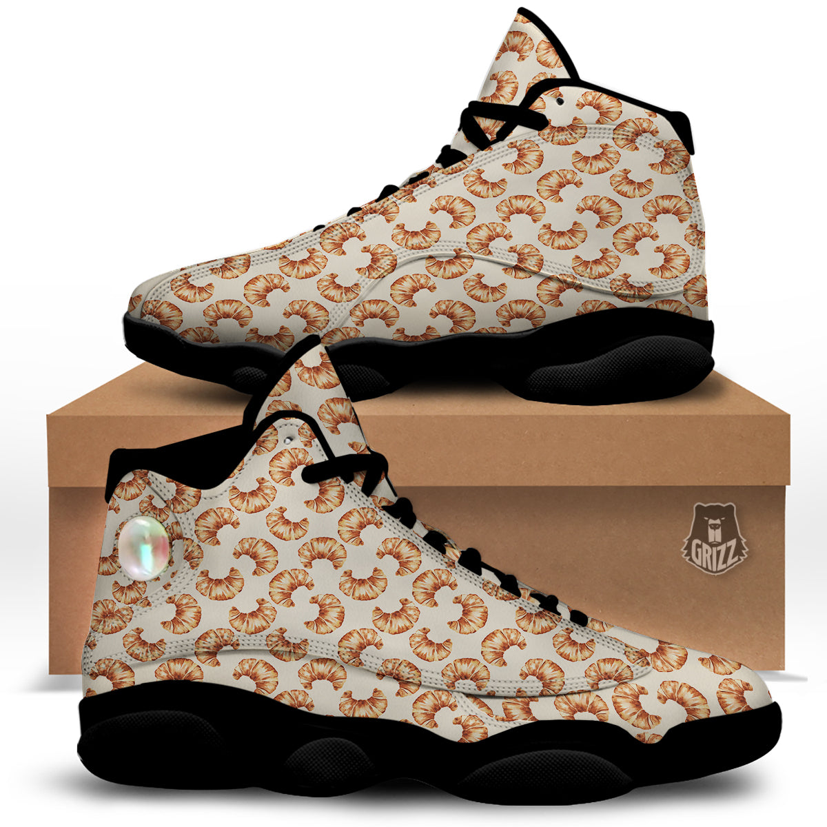 Beige Croissant Watercolor Print Pattern Black Basketball Shoes
