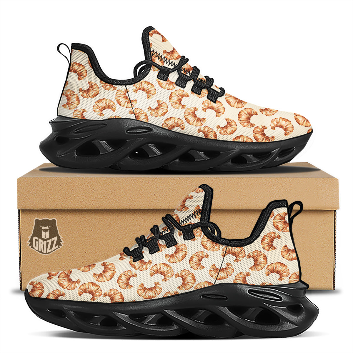 Beige Croissant Watercolor Print Pattern Black Running Shoes