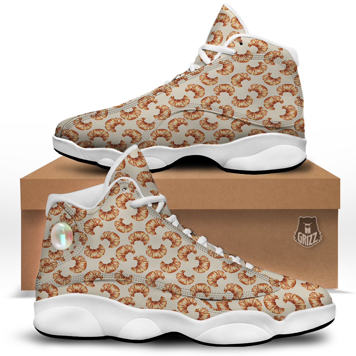 Beige Croissant Watercolor Print Pattern White Basketball Shoes