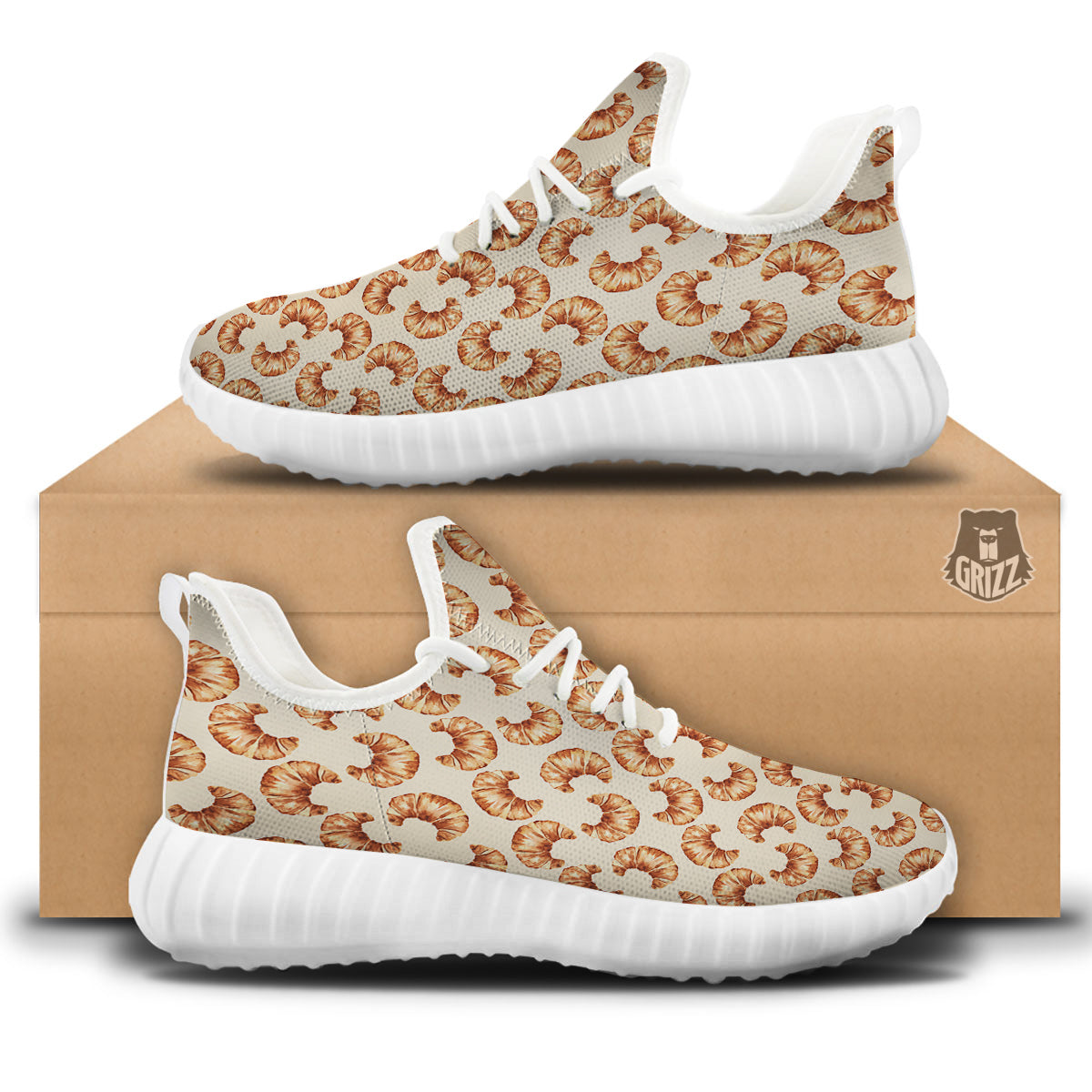 Beige Croissant Watercolor Print Pattern White Walking Shoes
