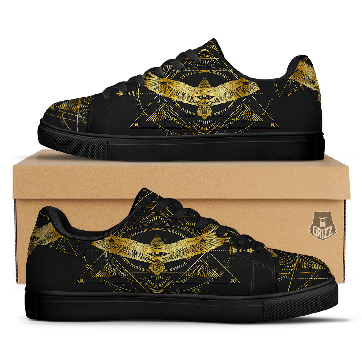 Bird Spiritual Golden Print Black Low Top Sneakers