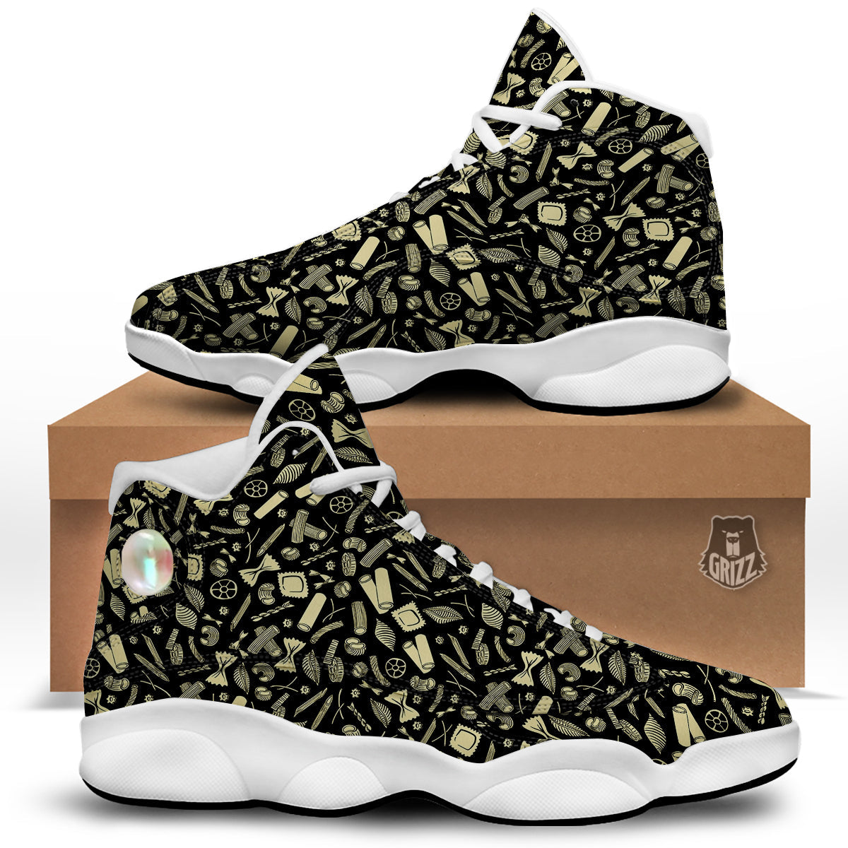 Black And Beige Macaroni Print Pattern White Basketball Shoes