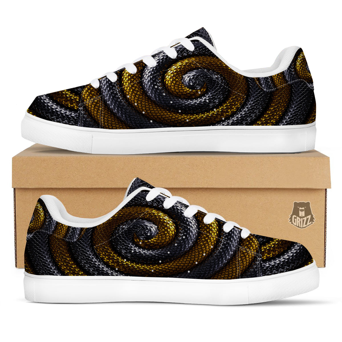 Black And Gold Twisted Snakes Print White Low Top Sneakers