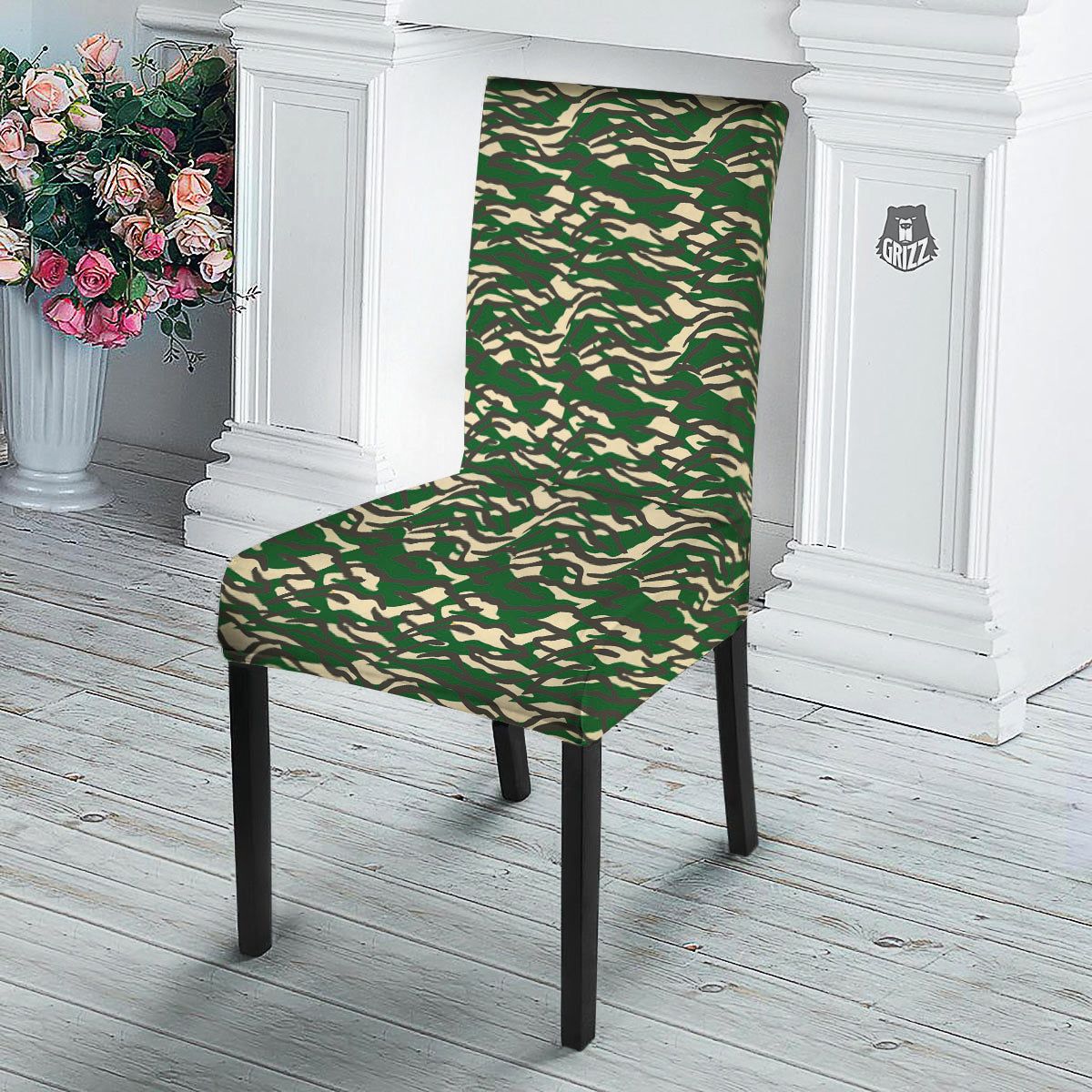 Black And Green Tiger Stripe Camo Print Dining Chair Slipcover