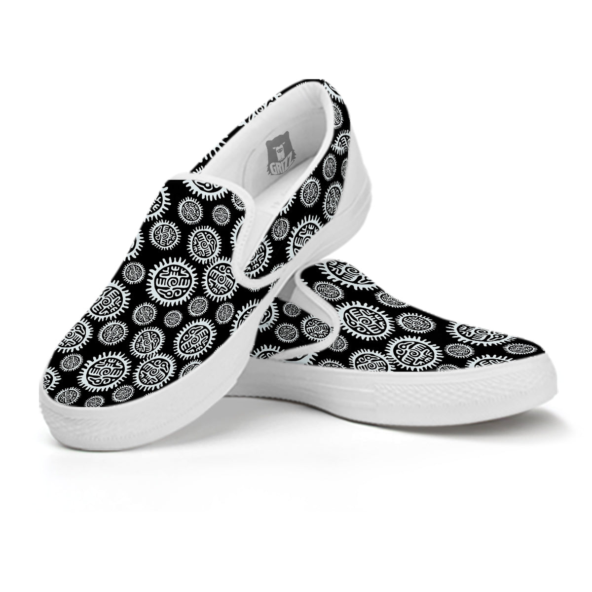 Black And White Aztec Mayan Eagle Print Pattern White Slip On Shoes