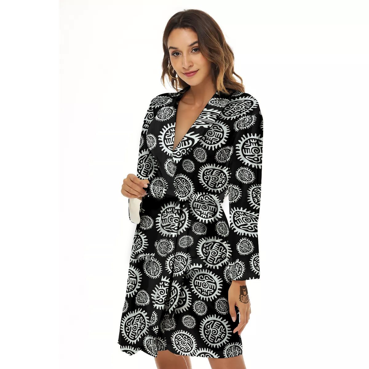 Black And White Aztec Mayan Eagle Print Pattern Women's Robe