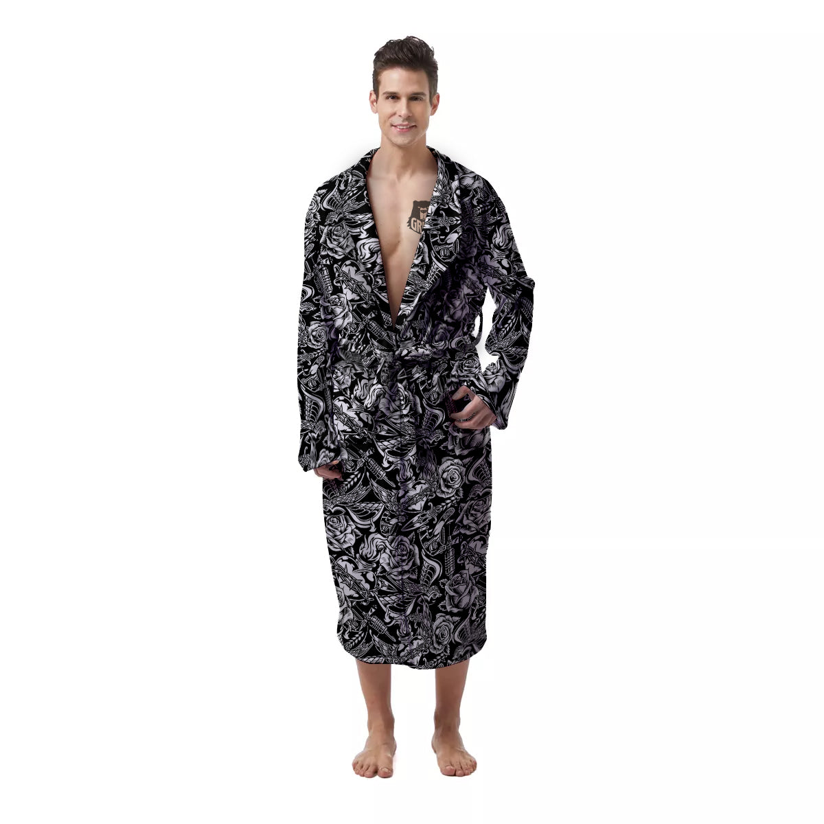 Black And White Oldschool Tattoo Print Pattern Men's Robe