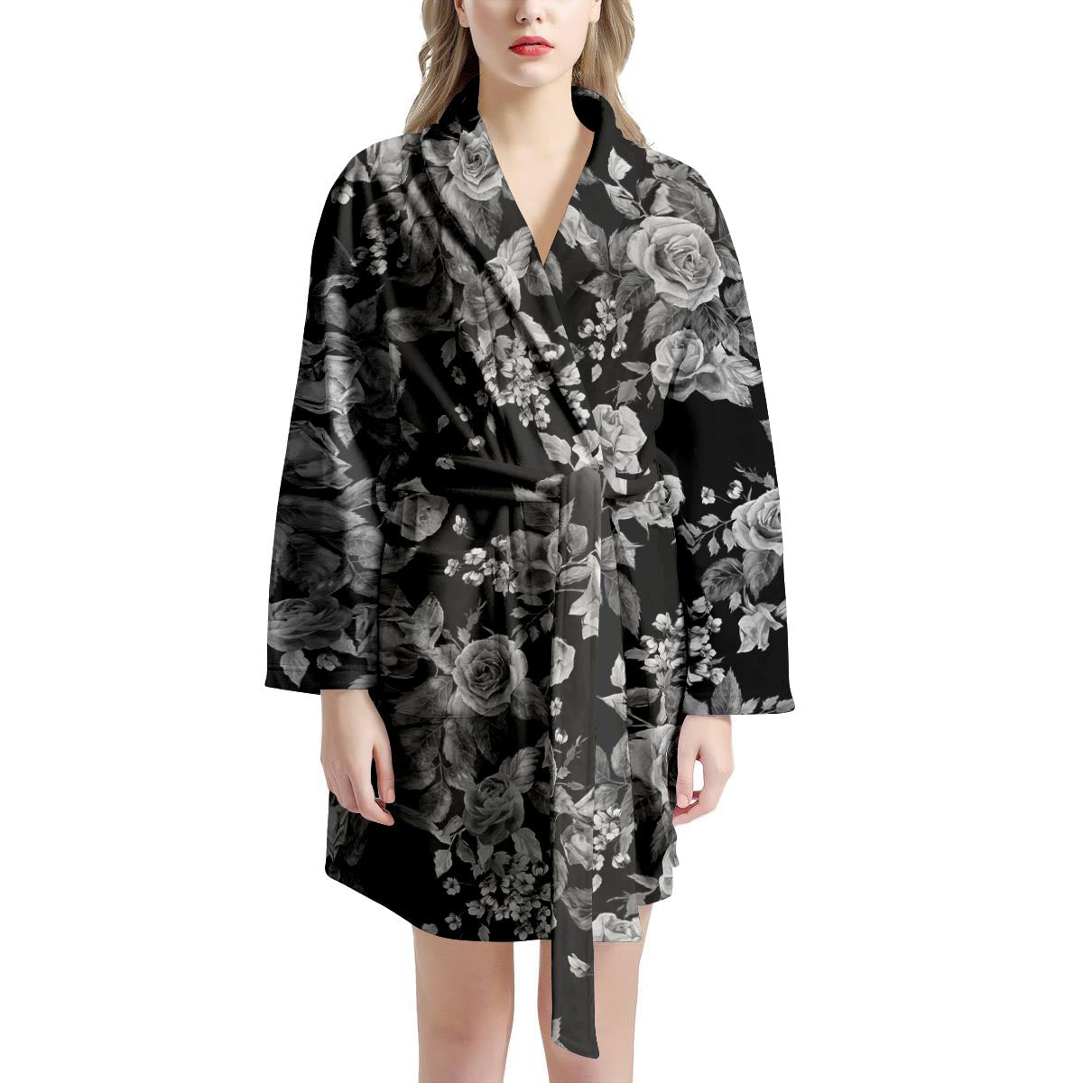 Black And White Rose Flower Women's Robe