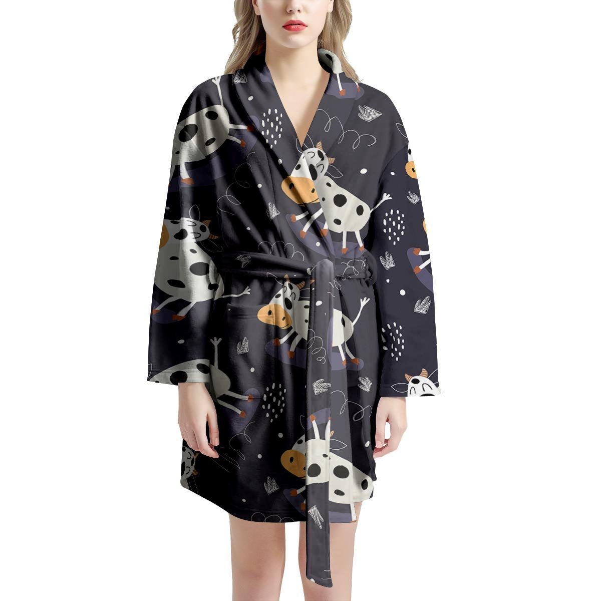 Black Cartoon Cow Print Women's Robe