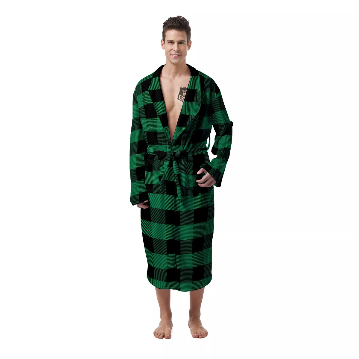 Black Green Buffalo Check And UFO Print Pattern Men's Robe