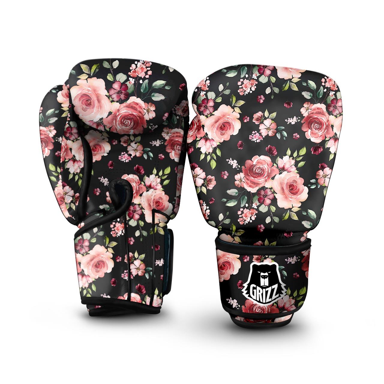 Black Pink Rose Flower Print Boxing Gloves