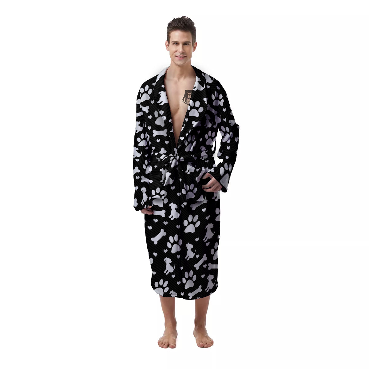 Black and White Dog Paw Print Pattern Men's Robe