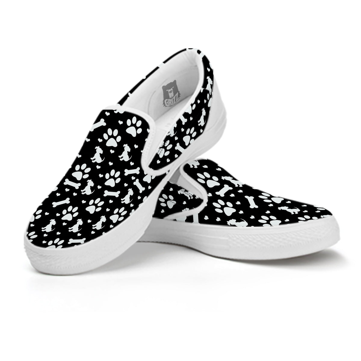 Black and White Dog Paw Print Pattern White Slip On Shoes
