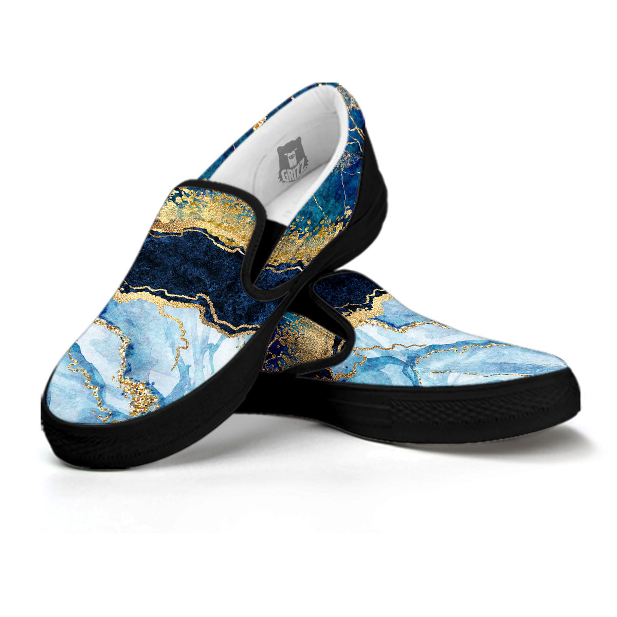 Blue And Gold Marble Print Black Slip On Shoes