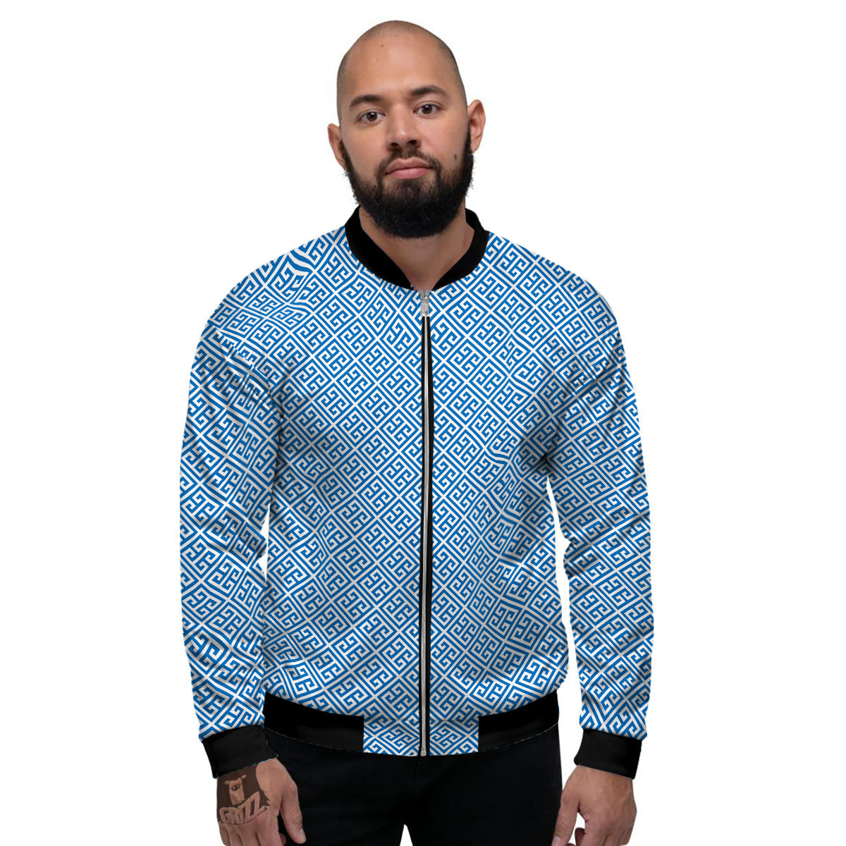 Blue Greek Key Print Pattern Men's Bomber Jacket
