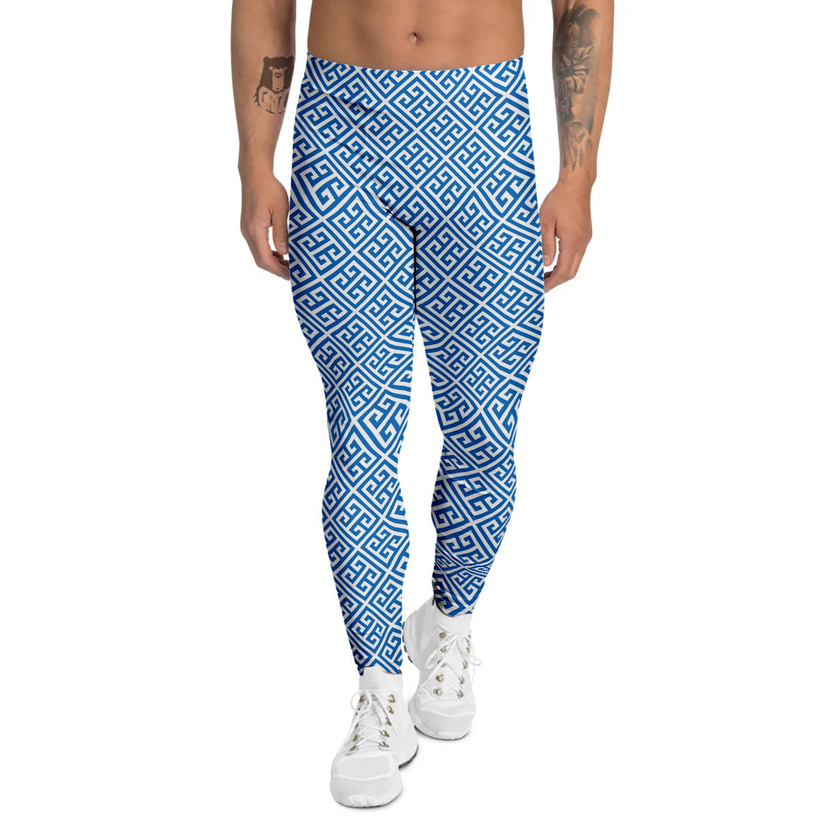 Blue Greek Key Print Pattern Men's Leggings