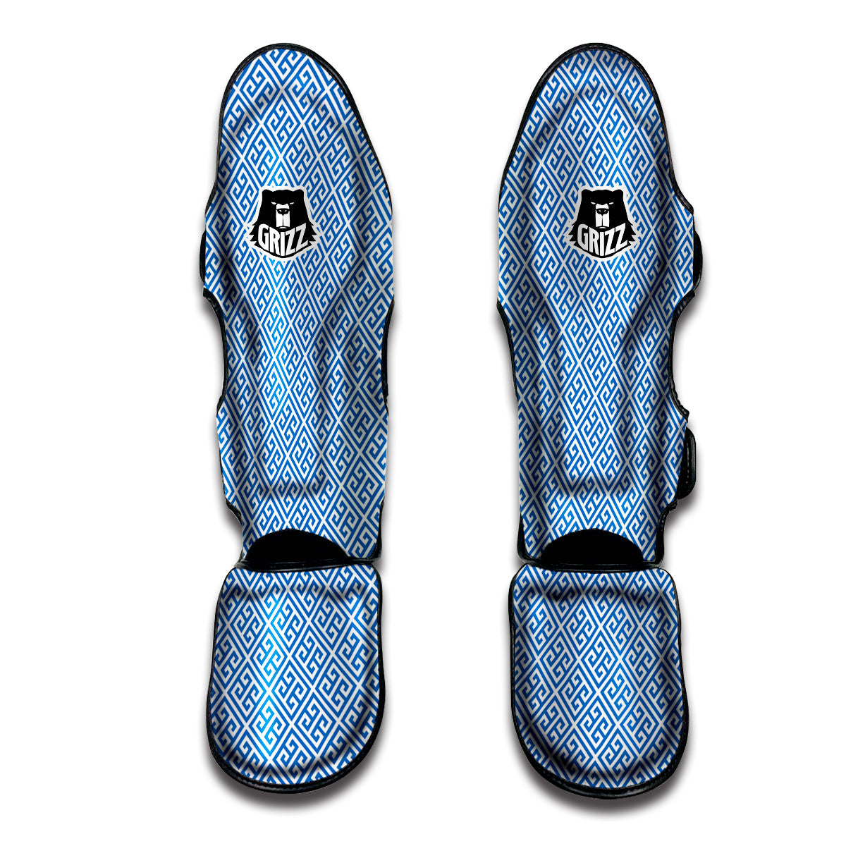 Blue Greek Key Print Pattern Muay Thai Shin Guards