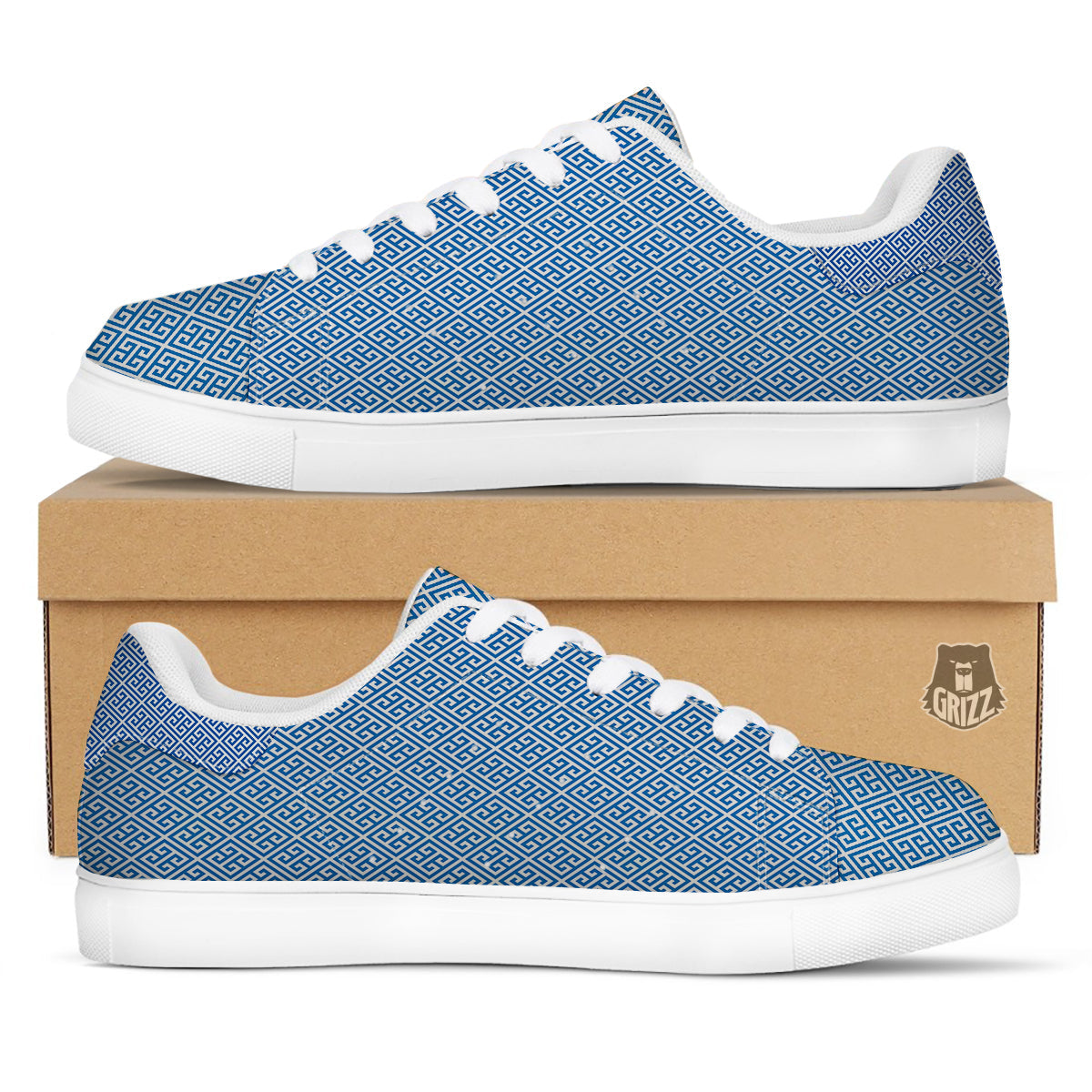Blue Greek Key Print Pattern White Low Top Sneakers