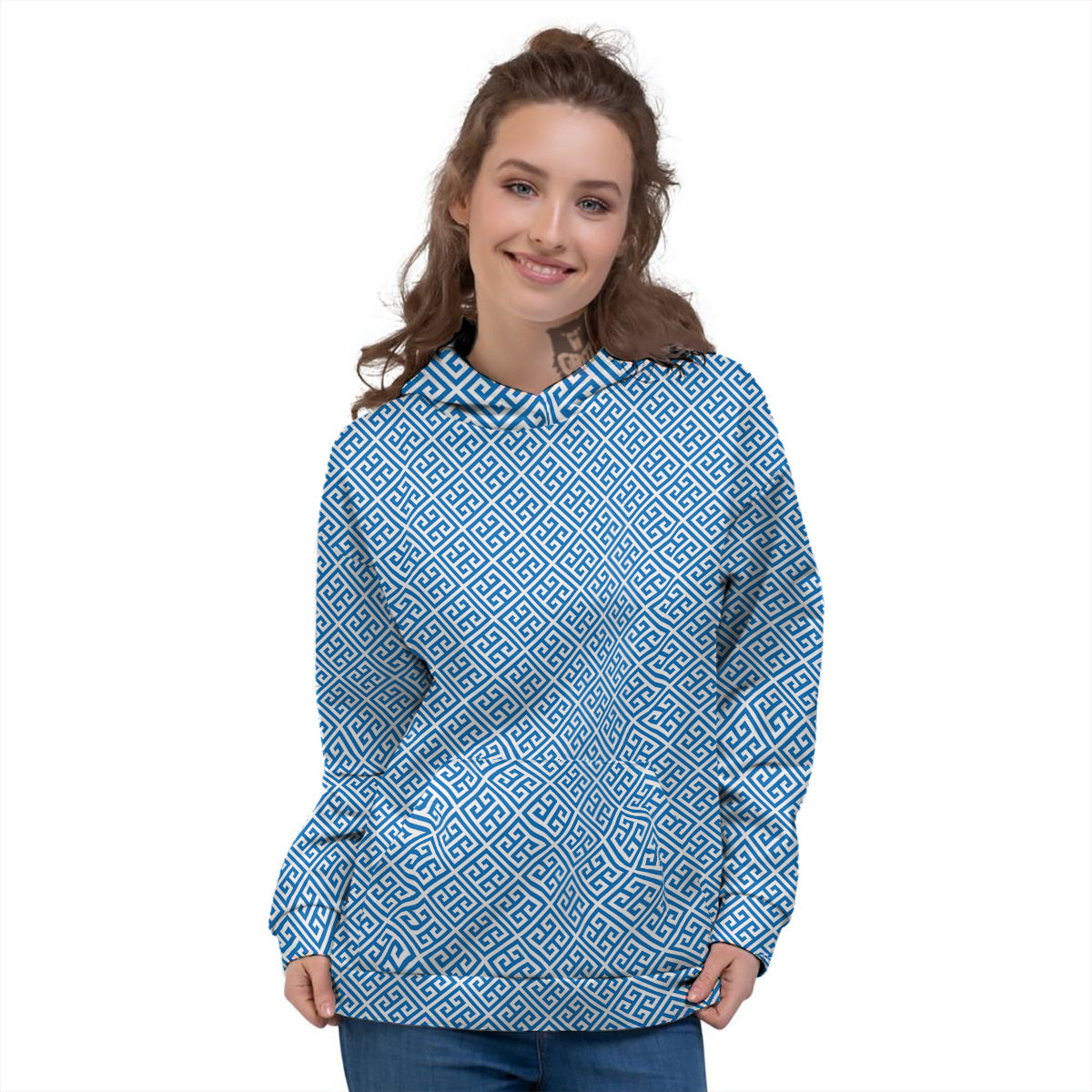 Blue Greek Key Print Pattern Women's Hoodie