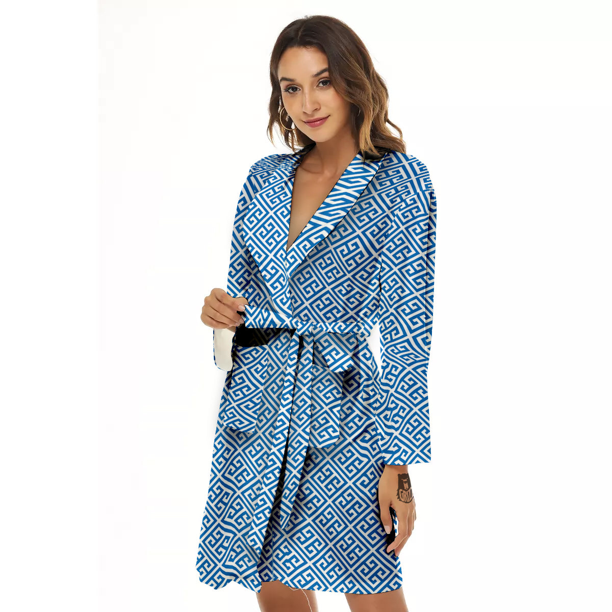 Blue Greek Key Print Pattern Women's Robe