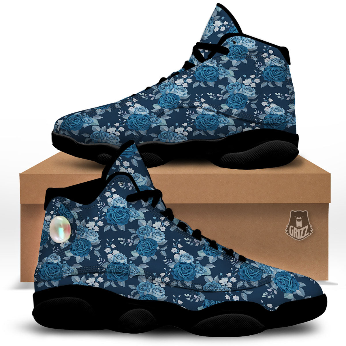 Blue Rose Royal Print Pattern Black Basketball Shoes – Grizzshopping