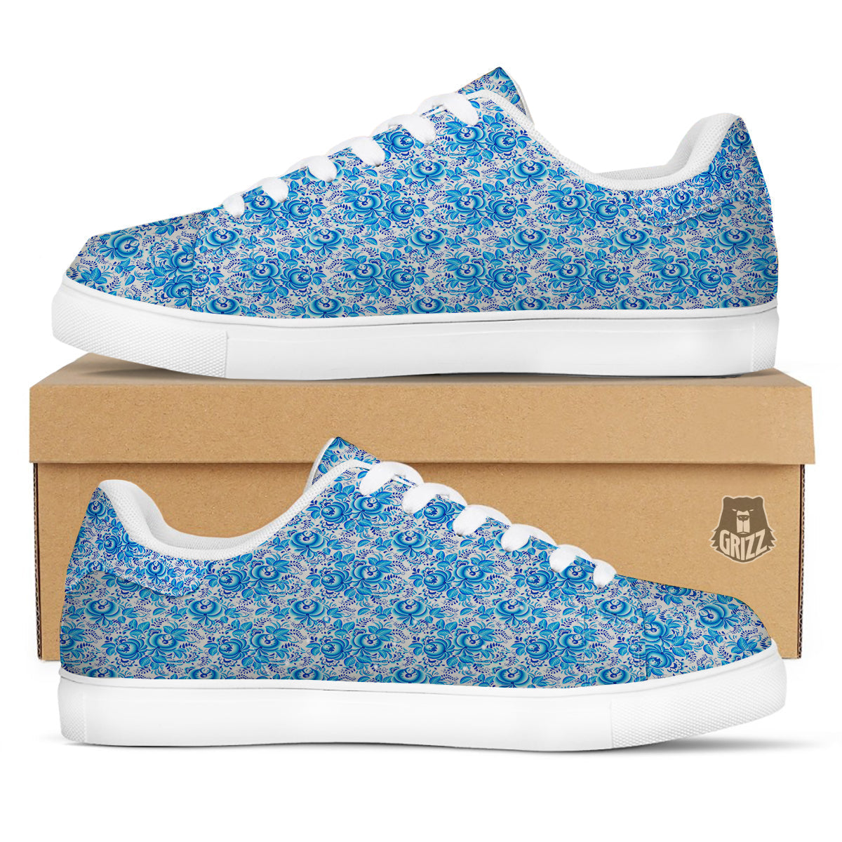 Blue Russian Floral Gzhel Print Pattern White Low Top Sneakers