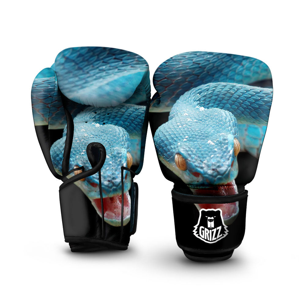 Blue Scary Viper Snake Print Boxing Gloves
