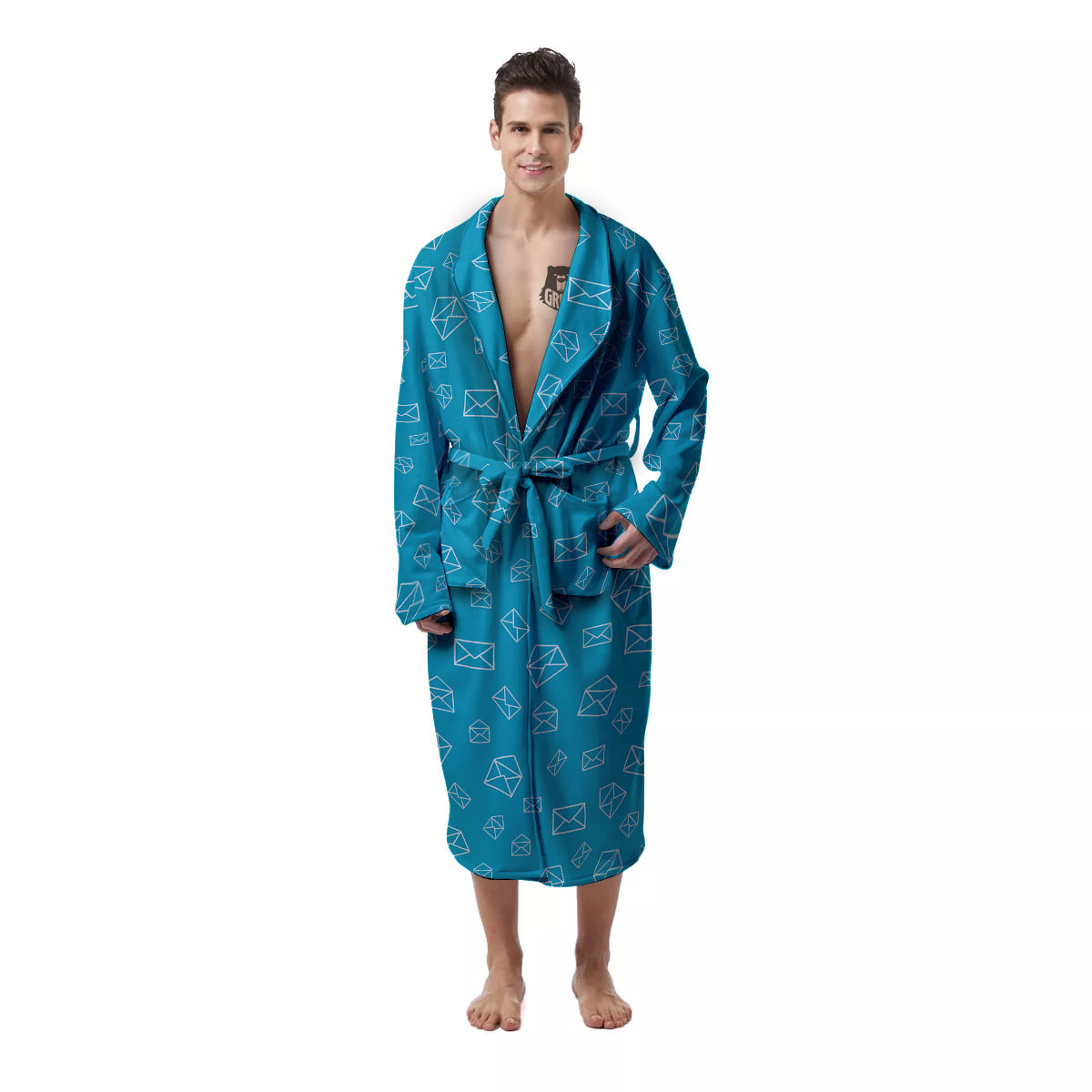 Blue White Mail Print Pattern Men's Robe