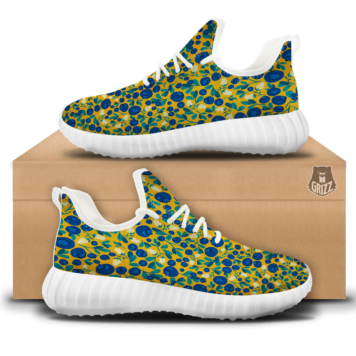 Blueberry Yellow Print Pattern White Walking Shoes