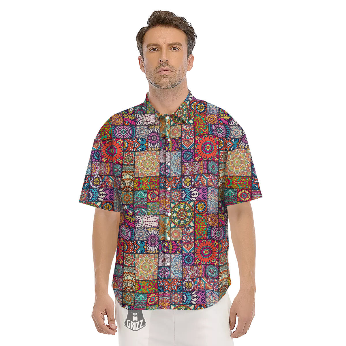 Bohemian Mandala Tile Print Pattern Men's Short Sleeve Shirts
