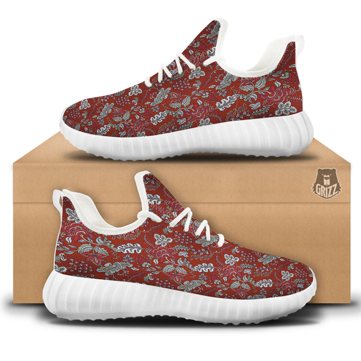 Bohemian Red Floral Print Pattern White Walking Shoes