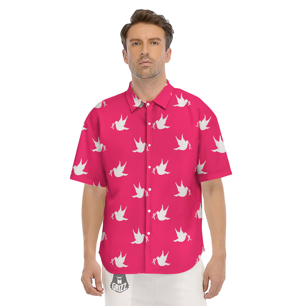 Breast Cancer White Dove Print Pattern Men's Short Sleeve Shirts