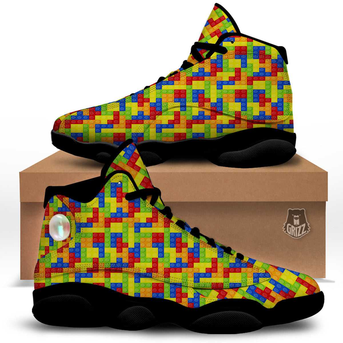 Building Blocks Colorful Print Pattern Black Basketball Shoes
