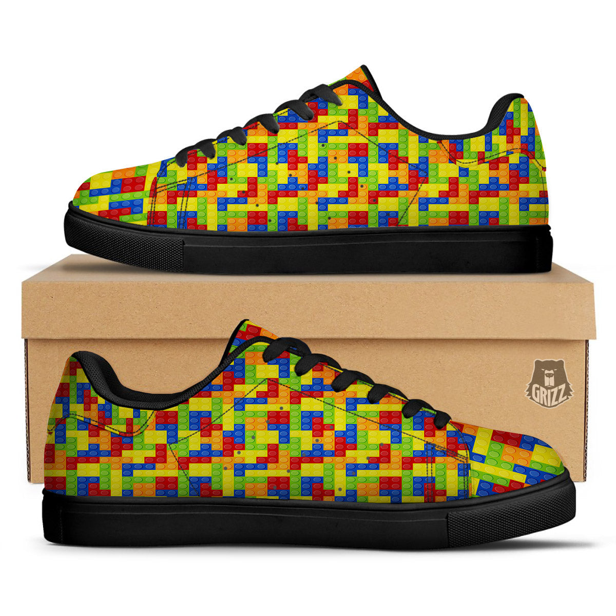 Building Blocks Colorful Print Pattern Black Low Top Sneakers