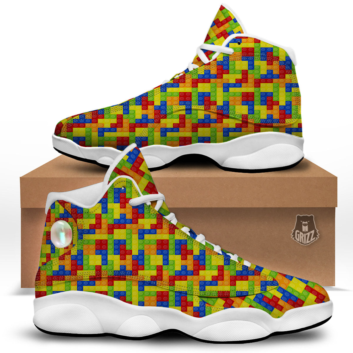 Building Blocks Colorful Print Pattern White Basketball Shoes