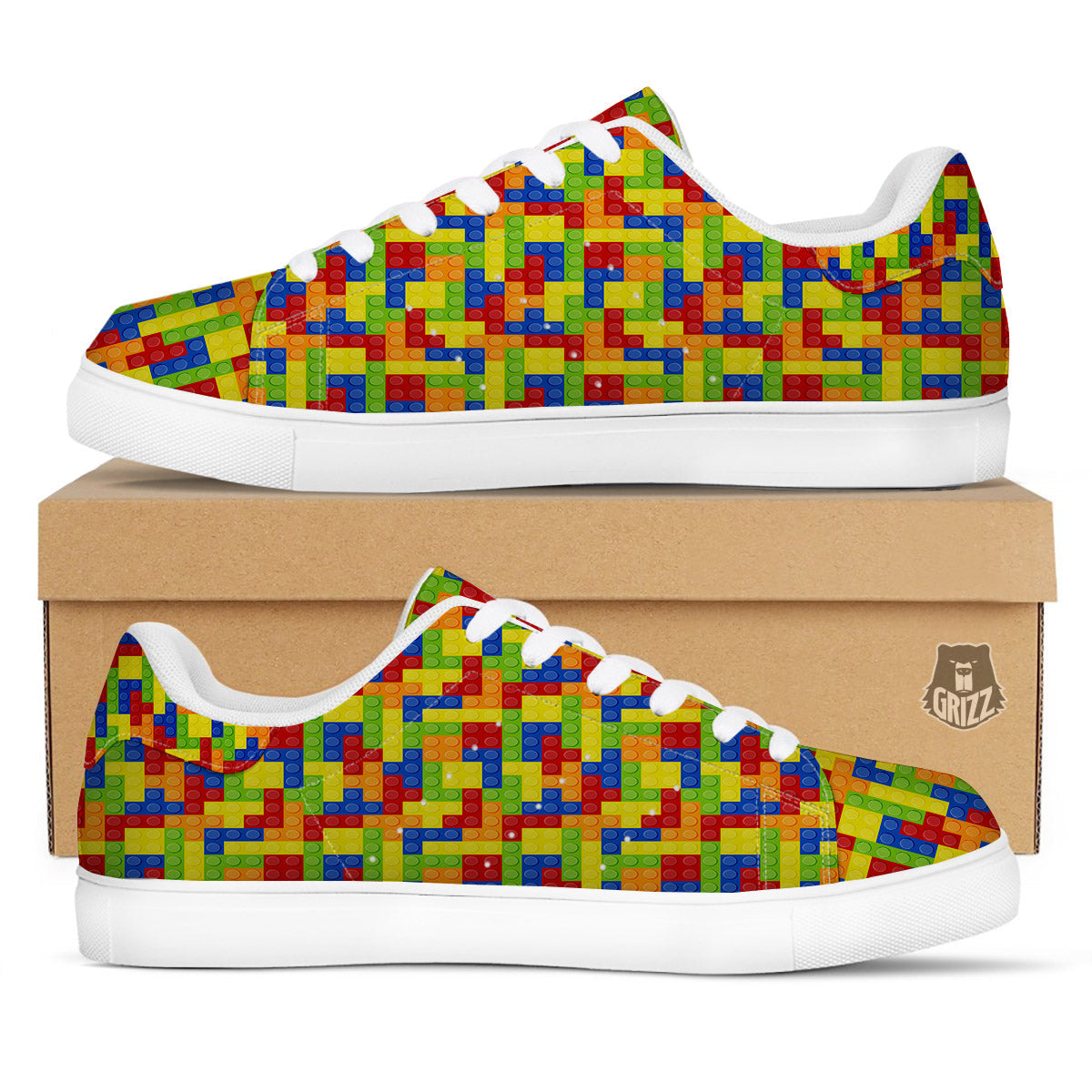 Building Blocks Colorful Print Pattern White Low Top Sneakers