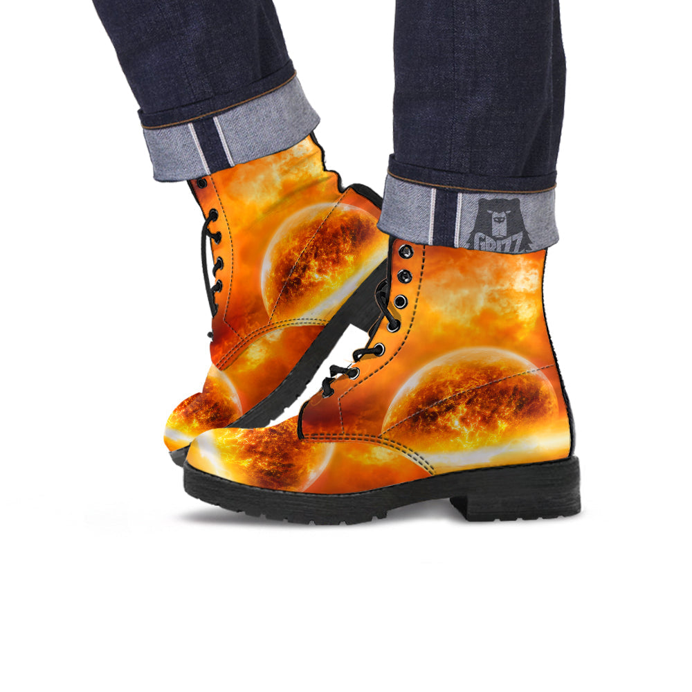 Burning Apocalyptic Planet Earth Print Leather Boots