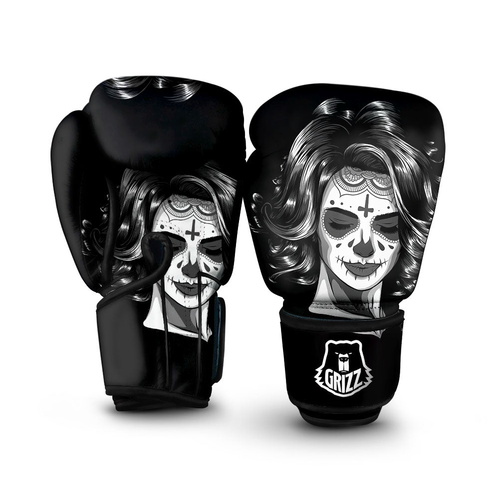 Calavera Girl White And Black Print Boxing Gloves