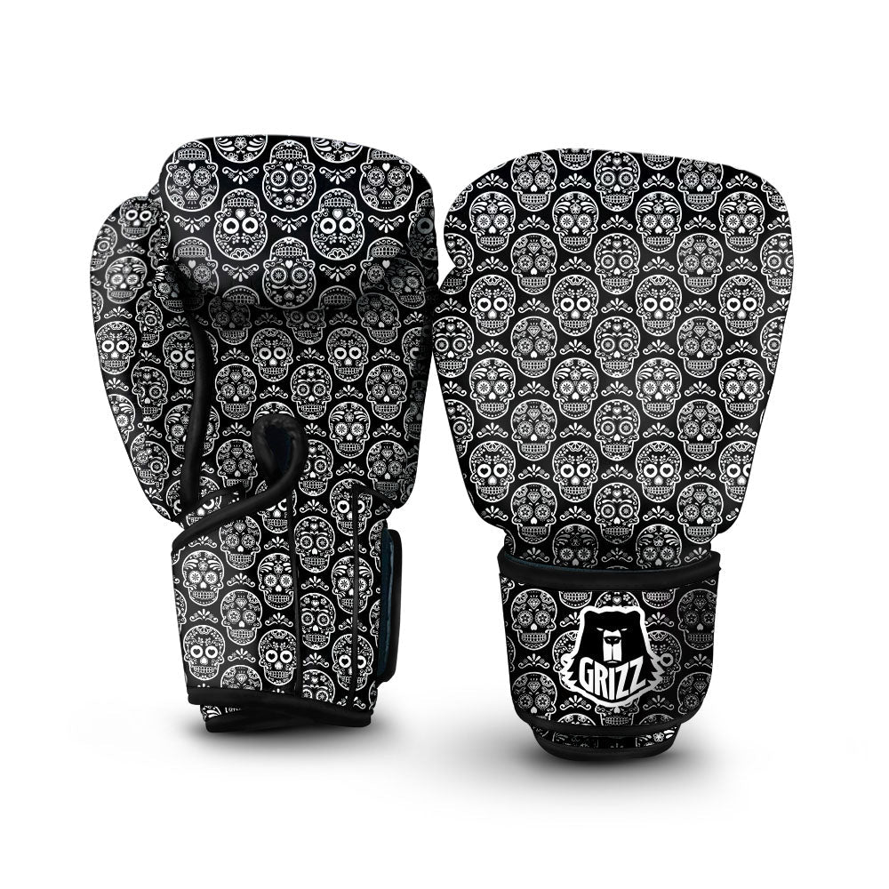 Calavera Skull White And Black Print Boxing Gloves