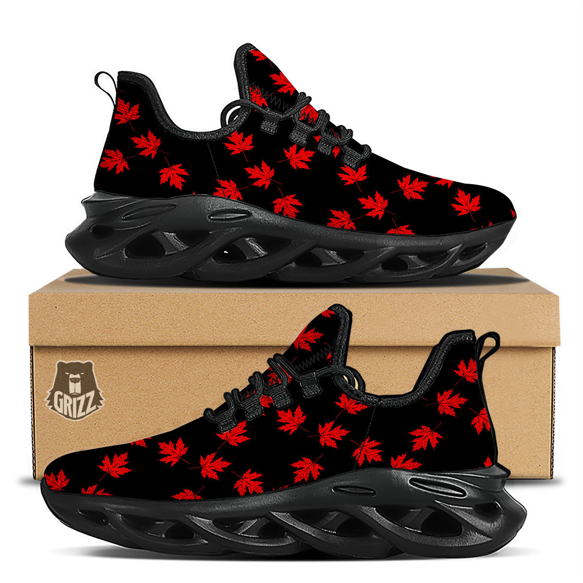 Canadian Maple Leaf Red And Black Print Black Running Shoes – Grizzshopping