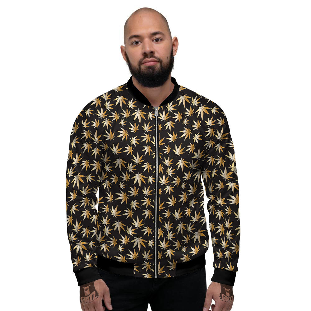 Cannabis Leaf Gold Print Pattern Men's Bomber Jacket