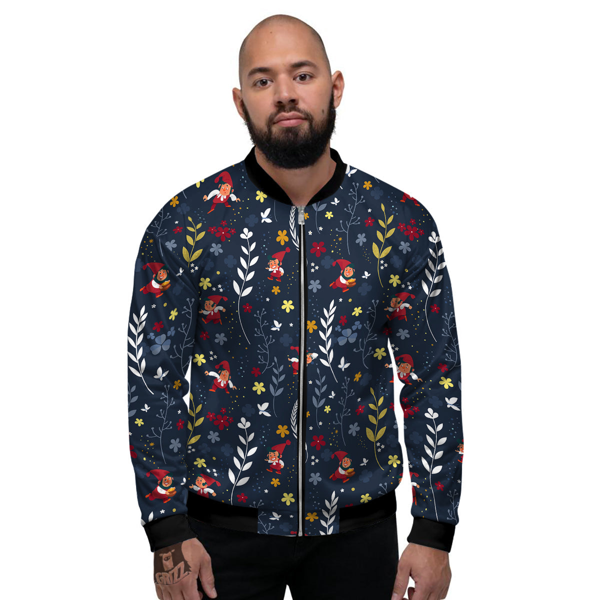 Cartoon Elf And Floral Print Pattern Men's Bomber Jacket
