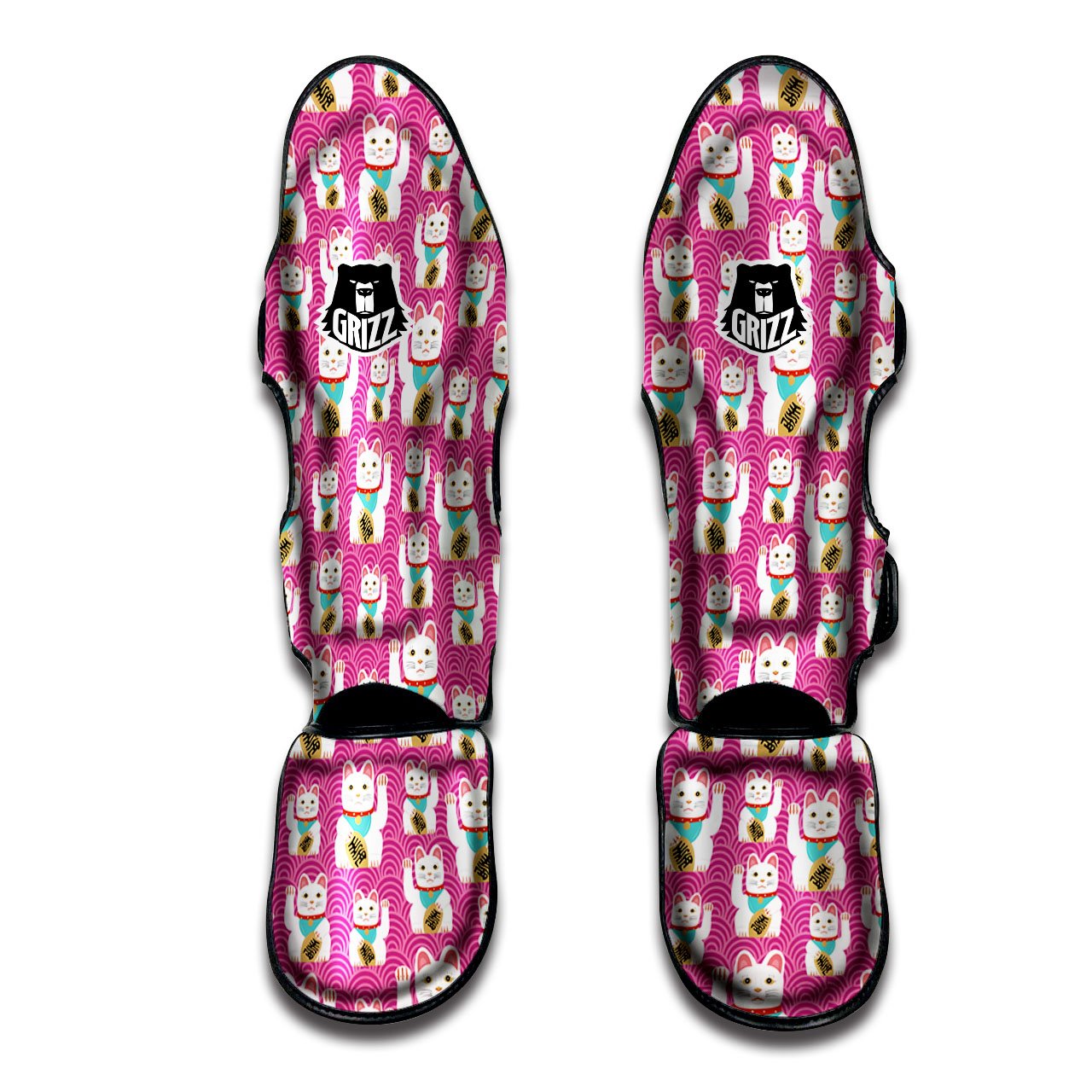 Cartoon Lucky Cat Japanese Print Pattern Muay Thai Shin Guards