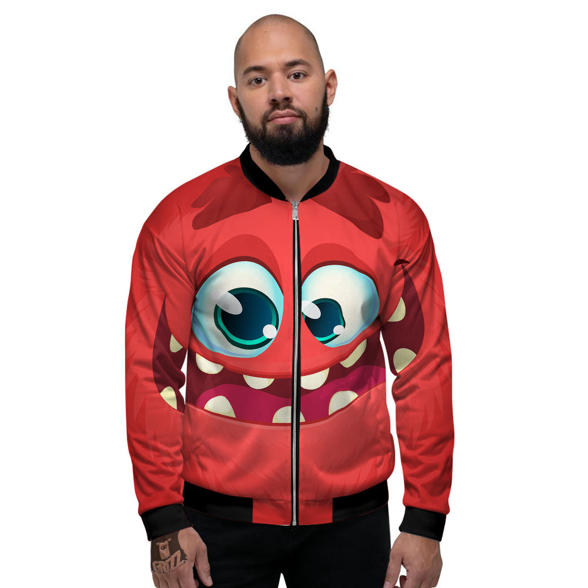 Cartoon Red Monster Face Cute Print Men's Bomber Jacket