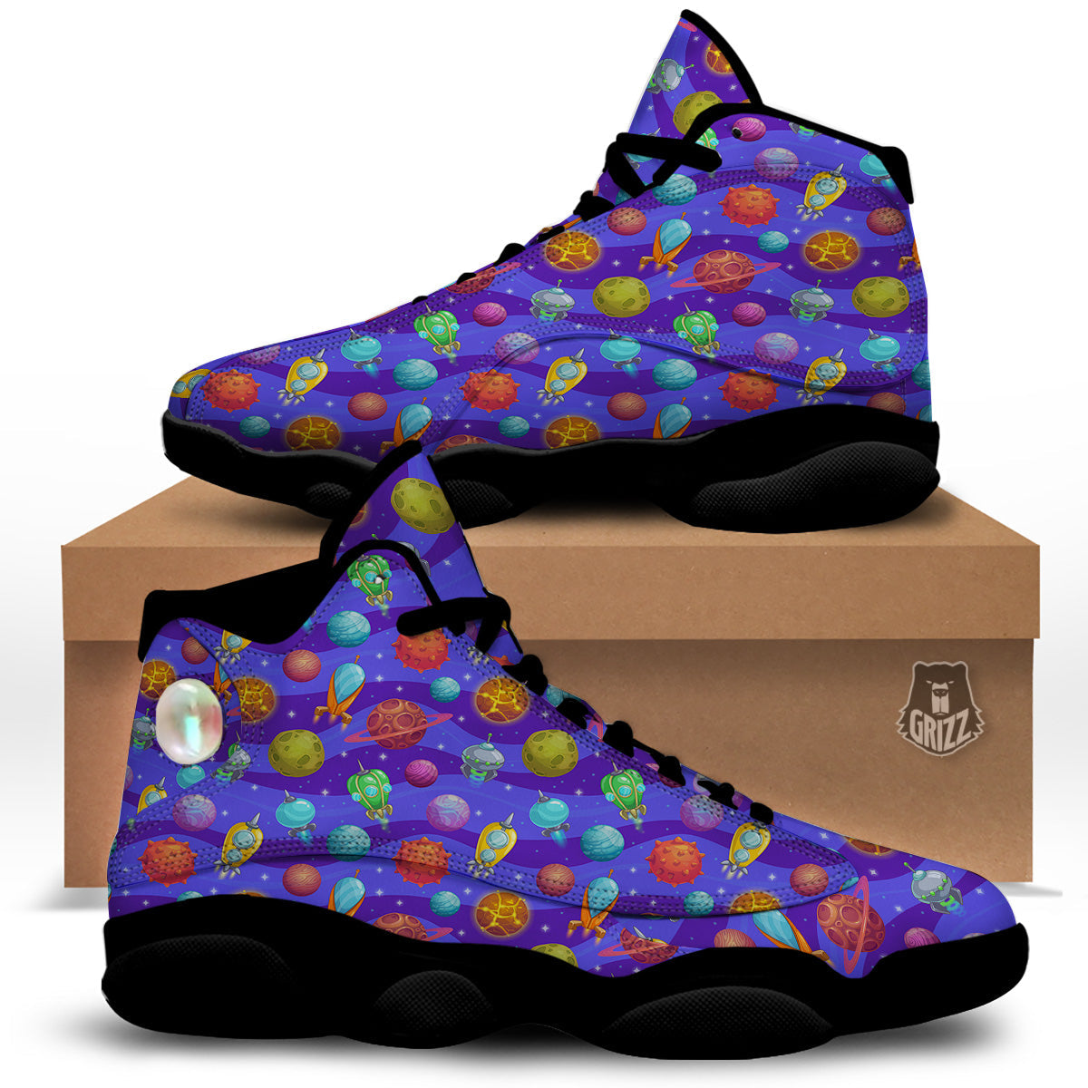 Cartoon Space Ships And Planets Print Pattern Black Basketball Shoes