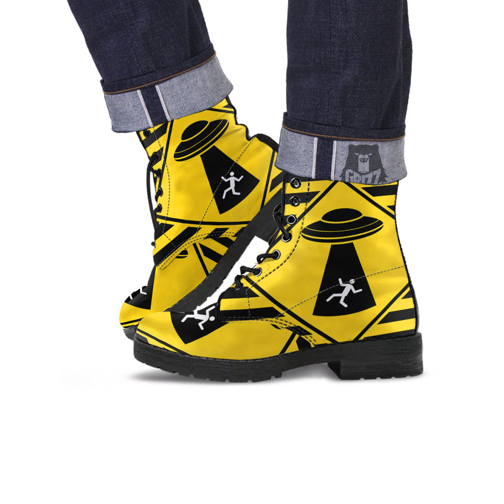 Caution Alien Abduction Warning Sign Print Leather Boots