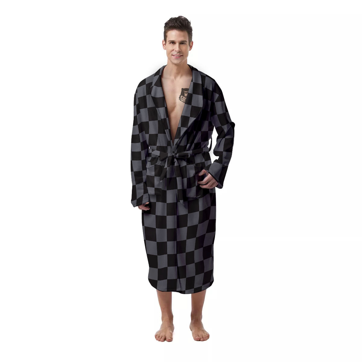 Checkered Black And Grey Print Pattern Men's Robe